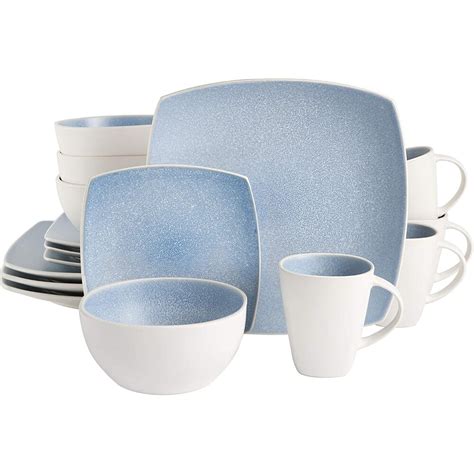 Gibson 16 Piece Square Stoneware Dinnerware Set Matte Blue And White