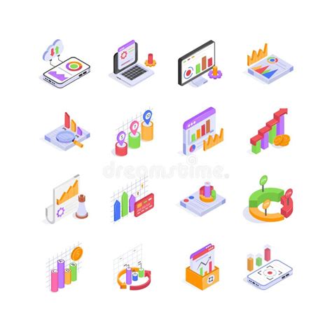 Modern Clean Isometric Icons Representing Various Aspects Of Business Data And Analysis Stock