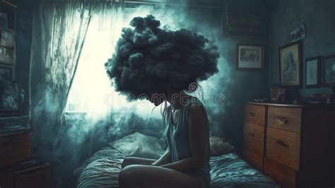 Surreal Depiction Of Woman With Dark Cloud Over Head In Dimly Lit Bedroom Stock Illustration