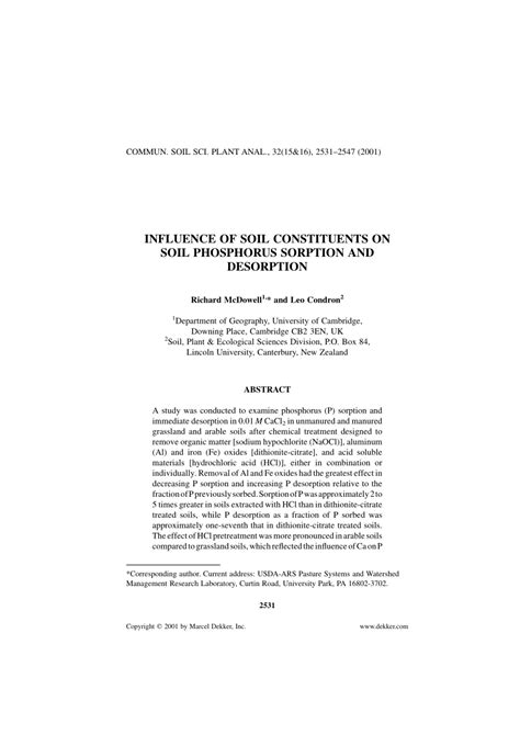 Pdf Influence Of Soil Constituents On Soil Phosphorus Sorption And