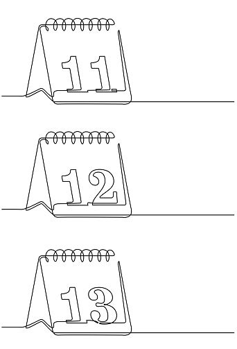 1일부터 31일까지 시작하는 날짜가 있는 달력 아이콘의 연속 선 그리기 한 줄 낙서 스타일의 달력 아이콘입니다 날짜 달력 아이콘 날짜 11 12 13 Eps10 벡터 그림