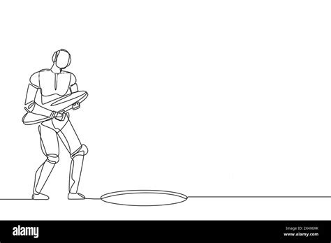 Single One Line Drawing Robot Holding Iron Hole Cover Future Technology Development Artificial