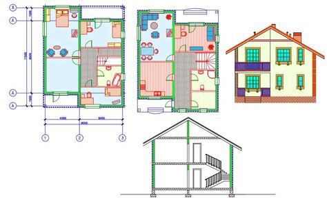 2 Storey House Floor Plan With Front Elevation Drawing Dwg File Cadbull