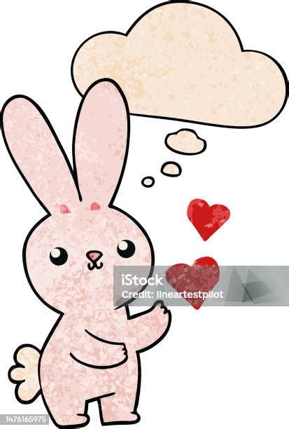 그런 지 질감 스타일의 생각 거품이 있는 사랑의 마음을 가진 귀여운 만화 토끼 귀여운에 대한 스톡 벡터 아트 및 기타 이미지