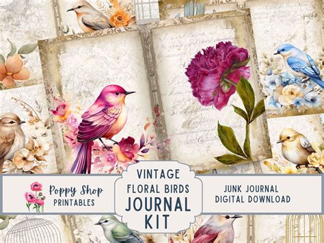 Bird Junk Journal Kit Vintage Watercolor Birds Junk Journal Flowers