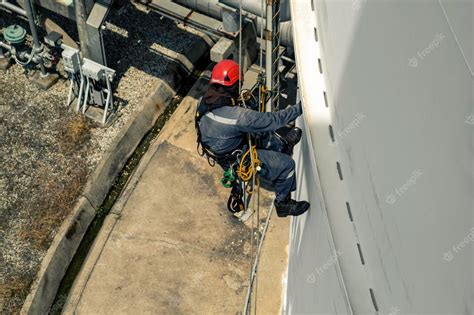 두께 저장 탱크의 남성 작업자 로프 접근 높이 안전 검사 프리미엄 사진