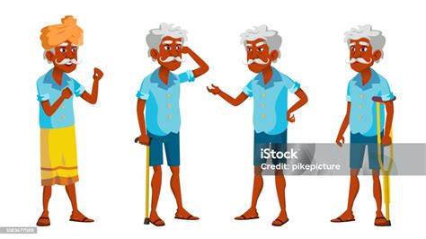 인도 노인 포즈 설정된 벡터 초로 사람들입니다 수석 사람입니다 세 친절 한 조부모입니다 힌두교입니다 아시아 배너 전단지 브로슈어 디자인입니다 격리 된 만화 일러스트 레이 션