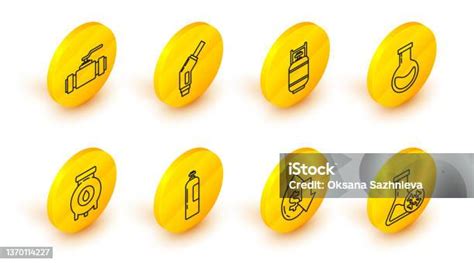 세트 라인 부동액 테스트 튜브 산업 가스 실린더 탱크 석유 및 산업 공장 건물 테스트 플라스크 프로판 가솔린 펌프 노즐 및 산업 금속 파이프 밸브 아이콘 벡터 0명에 대한