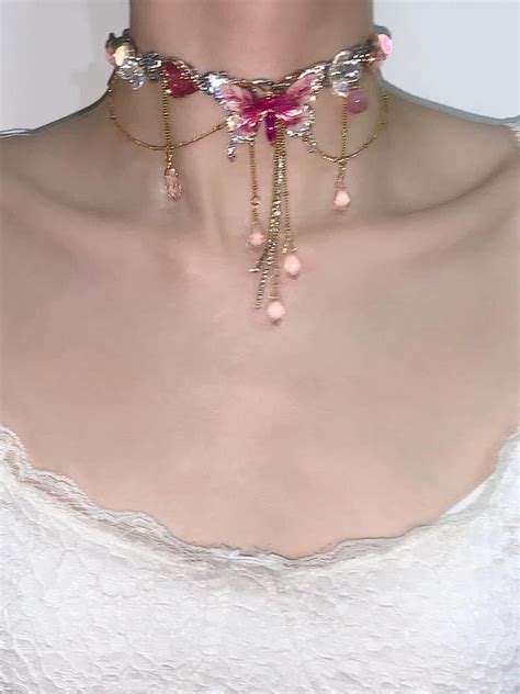 Pink Butterfly Pendant Tassel Necklace Waist Chain Jewelry Three Fleas