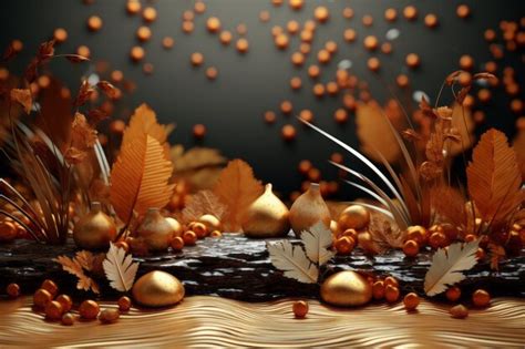 Premium Ai Image 3d Rendering Of Autumn Leaves And Golden Apples On A