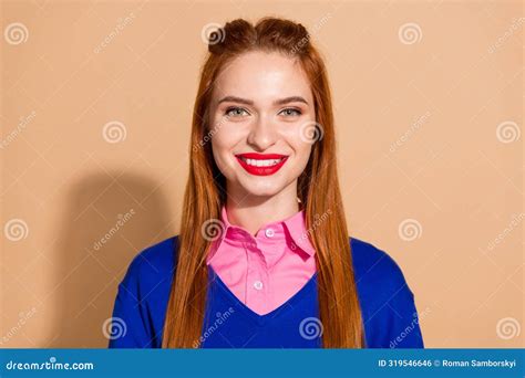 Photo Of Positive Funky Lady Wear Blue Jumper Smiling Empty Space