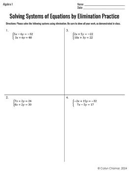 Systems of Linear Equations | Solving by Elimination Worksheet | TPT