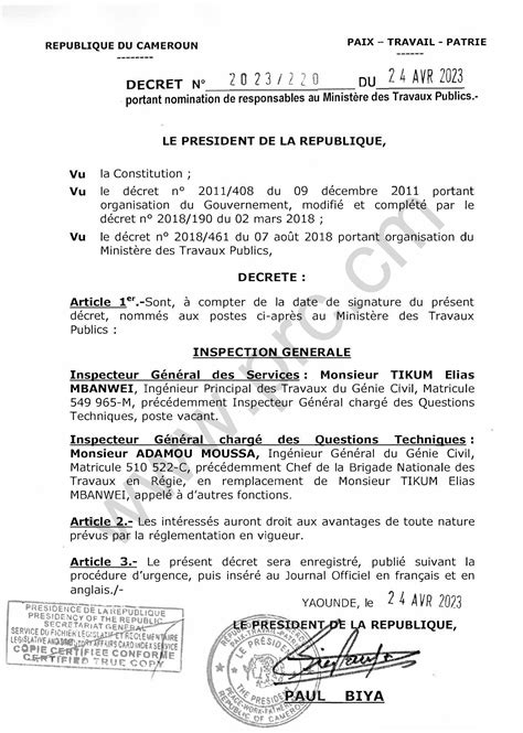 Décret N°2023220 Du 24 Avril 2023 Portant Nomination De Responsables