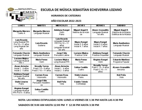 Horarios Emsel Pdf Pdf Instrumentos De Cuerda Entretenimiento
