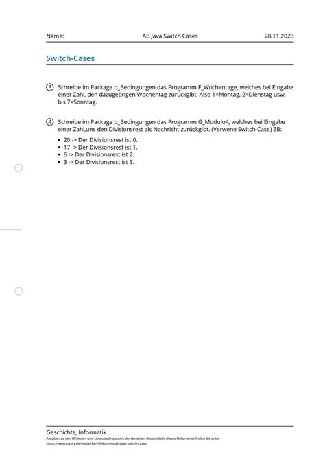 Arbeitsblatt Ab Java Switch Cases Geschichte And Informatik Tutoryde