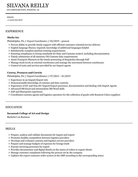 Export Coordinator Resume Samples Velvet Jobs