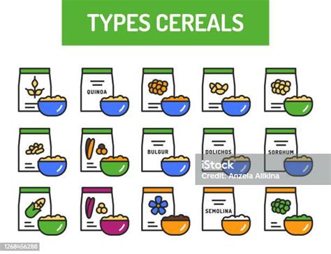 시리얼 패키지와 죽 컬러 라인 아이콘 세트의 그릇을 입력합니다 건강하고 유기농 식품 적절한 영양 격리된 벡터 요소입니다 웹 페이지 모바일 앱 프로모션을 위한 개요 그림