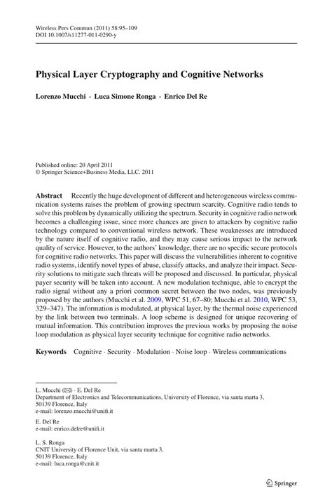 Pdf Physical Layer Cryptography And Cognitive Networks