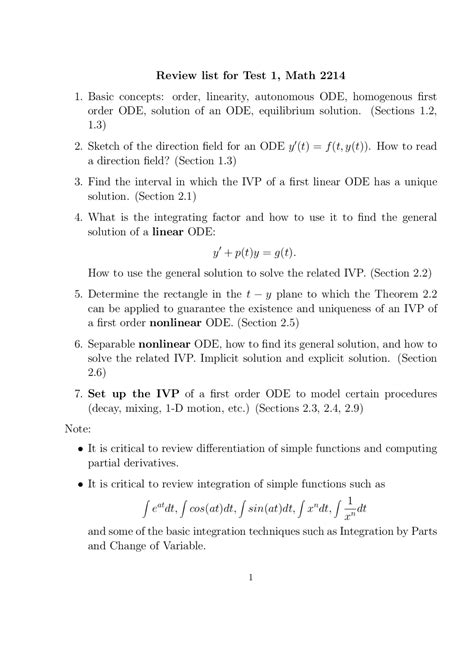 Review For Test 1 Introduction To Differential Equations Math 2214 Docsity