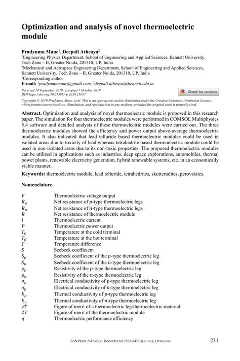 Pdf Optimization And Analysis Of Novel Thermoelectric Module
