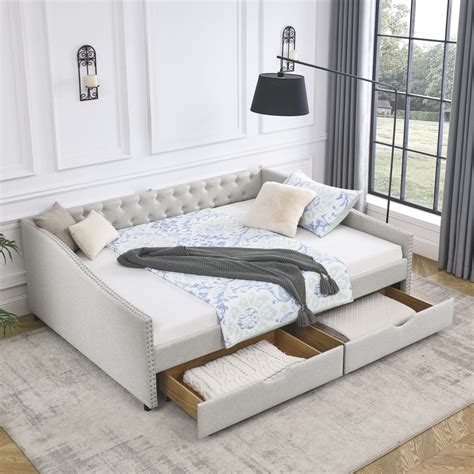 Beige Queen Daybed With Storage Button Tufted Back Copper Nail Arms 2 Drawers