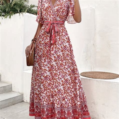 Floral Print Flutter Sleeve Dress Boho Surplice Neck Tie Waist Dress