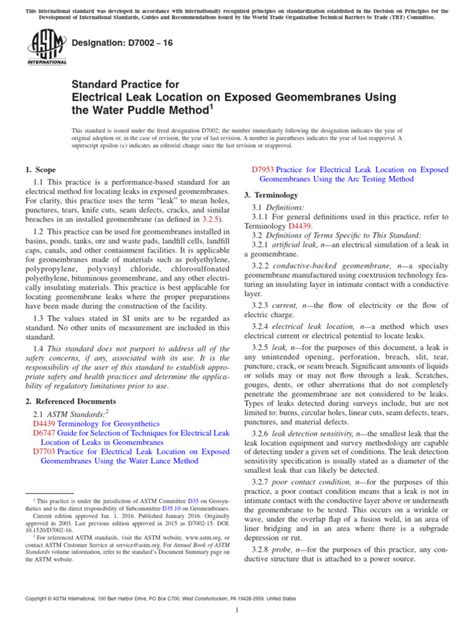 Standard Practice For Electrical Leak Location On Exposed Geomembranes