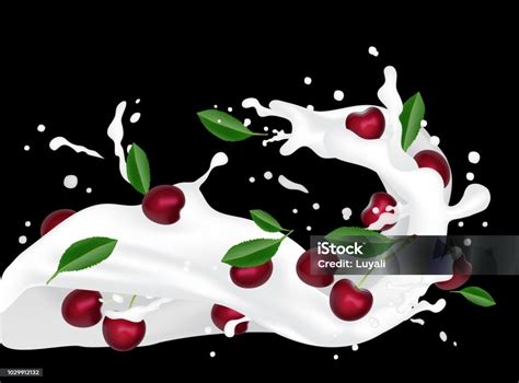 떨어지는 벚꽃 잎 조각 우유 스플래시 3d 그림 크림 붓는 웨이브 요구르트 포장 템플릿 현실적인 유기농 체리 과일 낙농