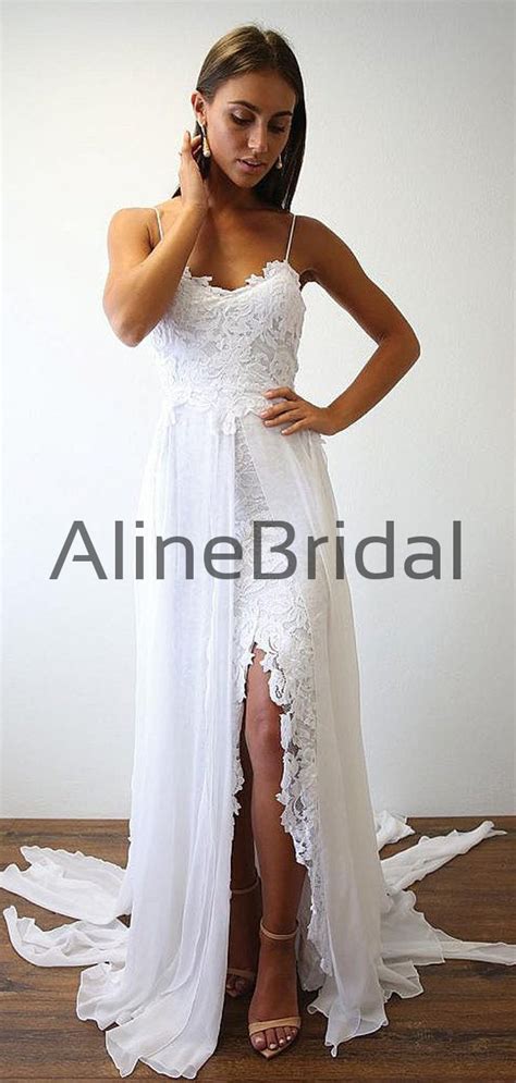 Spaghetti Strap Lace Chiffon Slits Boho Beach Wedding Dresses Ab1544