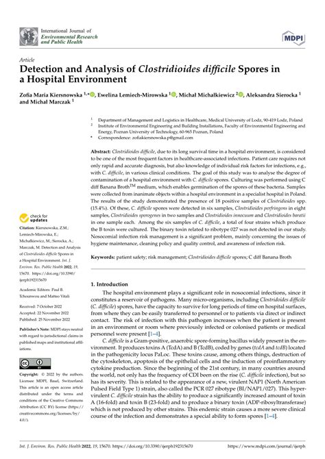 Pdf Detection And Analysis Of Clostridioides Difficile Spores In A Hospital Environment