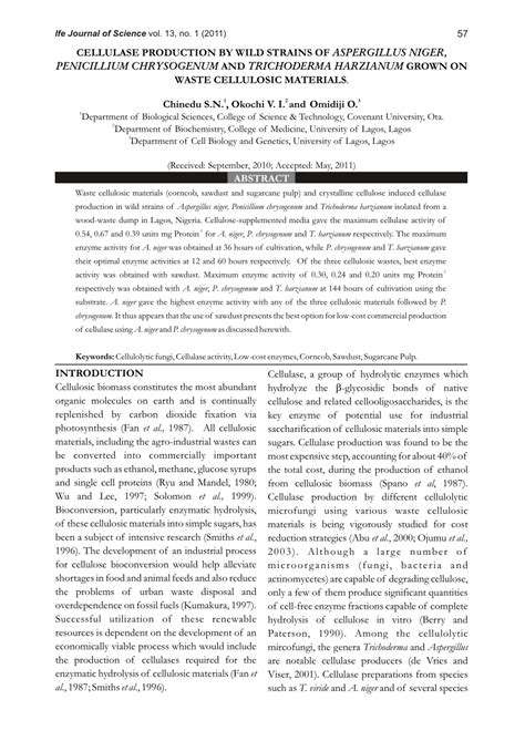 Pdf Cellulase Production By Wild Strains Of Aspergillus Niger Penicillium Chrysogenum And