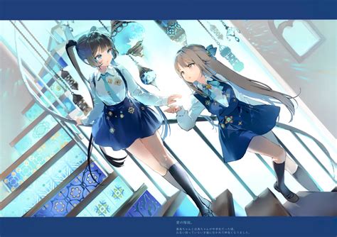 The Big Imageboard Tbib 2girls Absurdres Anmi Bangs Black Hair Blue Eyes Bow Brown Eyes