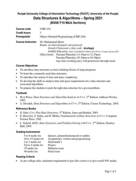 01 Course Outline Dsa Fall 2017 Pdf Matrix Mathematics Computer