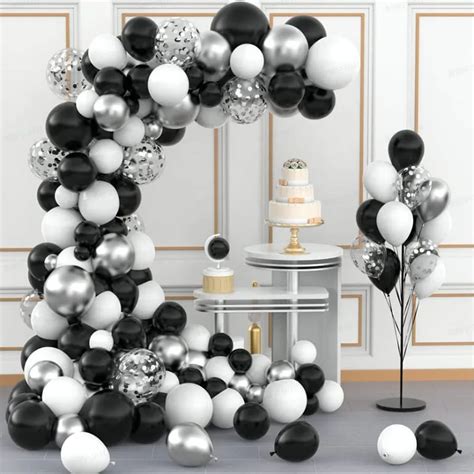 Guirxiété de ballons argentés noirs et blancs en arc décorations de
