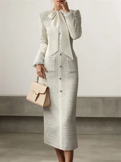 White Bow Long Sleeve Sheath Midi Tweed Blazer Dress Fehaute