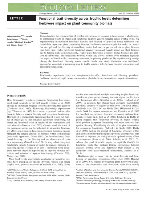 Pdf Functional Trait Diversity Across Trophic Levels Determines