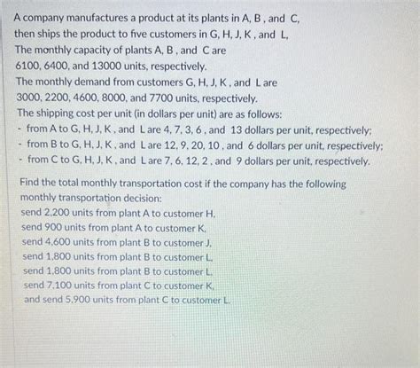 Solved A Company Manufactures A Product At Its Plants In A Chegg