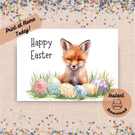 Printable Fox Easter Card Instant Download Print At Home Easter Eggs