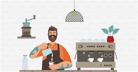남성 힙스터 바리스타는 컵 커피에 우유를 추가합니다 커피 머신 옆 카운터의 바리 스타 커피 숍의 아늑한 인테리어 흰색에 플랫 벡터 그림입니다 벡터 Unsplash