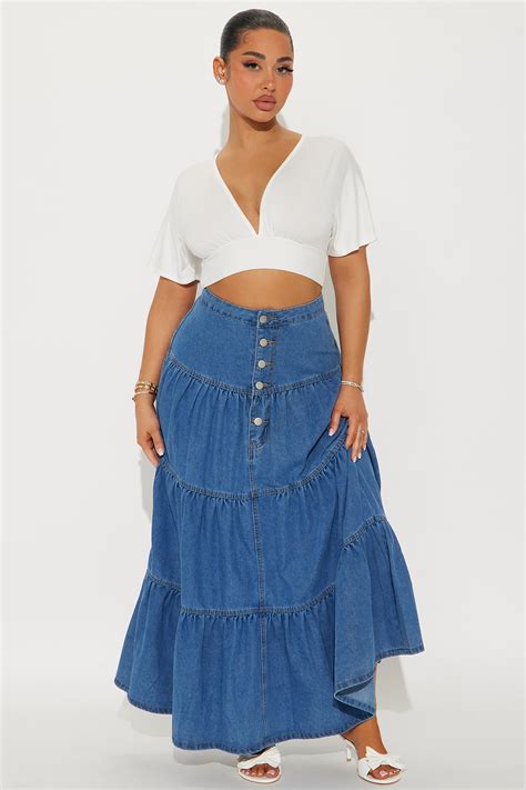 Doreen Tiered Denim Maxi Skirt Medium Wash Fashion Nova