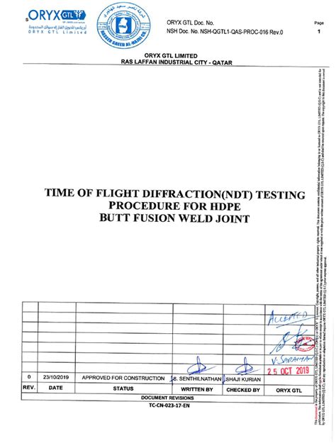 Nsh Qgtl1 Qas Proc 016 Rev00 Time Of Flight Diffraction Ndt Testing
