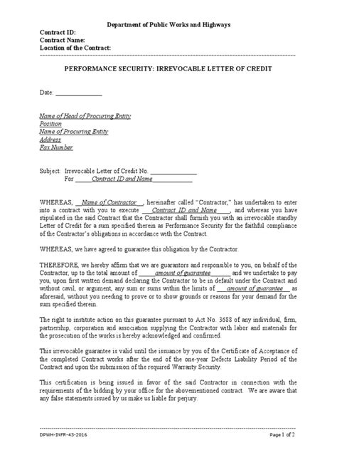 Dpwh Infr 43 Ps Lc Pdf Guarantee Letter Of Credit