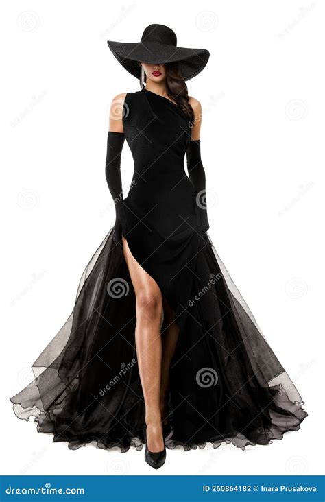 Elegant Lady In Long Black Dress And Hat Fashion Woman In Evening