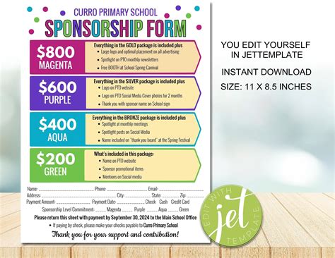 Editable Pto Pta Sponsorship Levels Form Template School Sponsorship