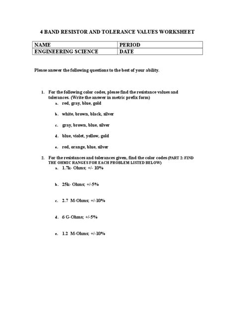 Worksheet Activity On Finding Resistor Tolerance Values 4 Band Pdf