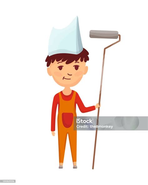 아이 빌더 작은 노동자 롤러를 가진 아이들 일을 수리 작업을위한 재미있는 아이 준비 건축에 대한 스톡 벡터 아트 및 기타 이미지