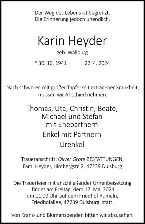 Traueranzeigen Von Karin Heyder Trauer In Nrwde