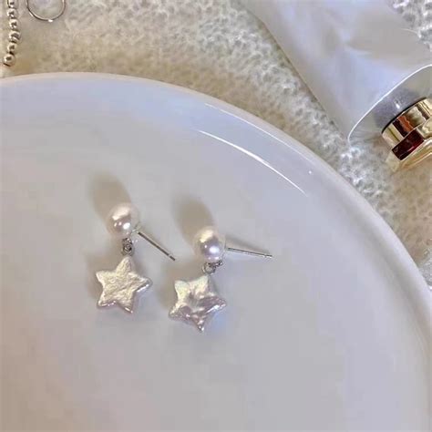 Irregular Baroque Pearl Lucky Star Double Bead Earrings Needle Jewelry