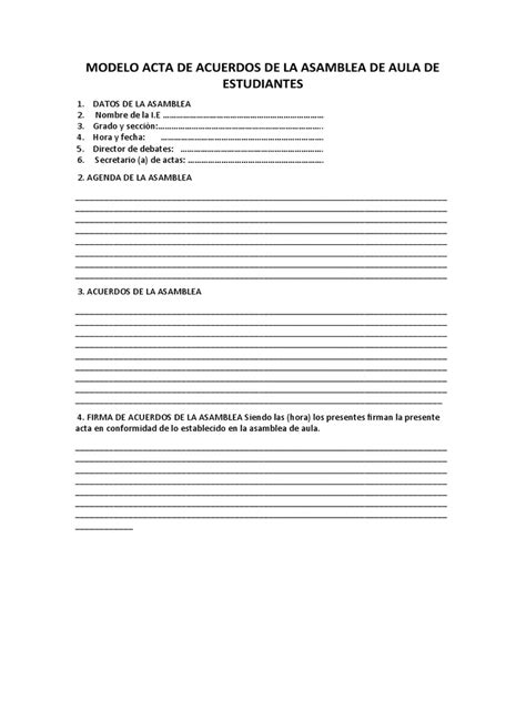 Modelo Acta De Acuerdos De La Asamblea De Aula De Estudiantes Pdf