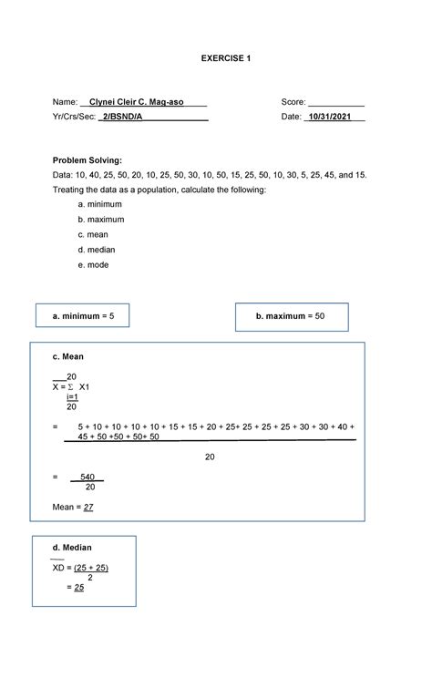 Biostatistical Analysis ACT6 Exercise 1 EXERCISE 1 Name Clynei Cleir C Mag Aso